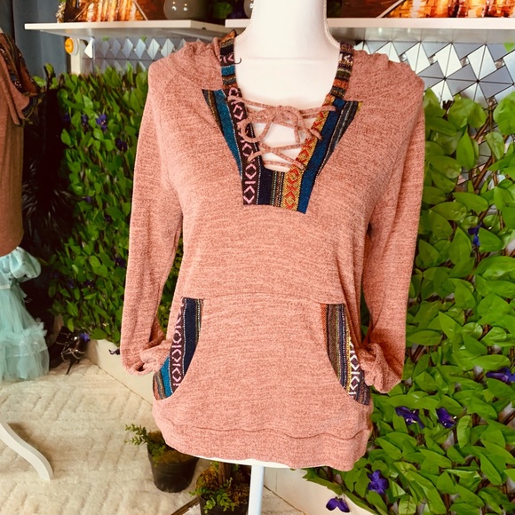 Skonhet | Tops | Skonhet Womens Pink Hoodie Aztec Lace Up Front Stretch ...